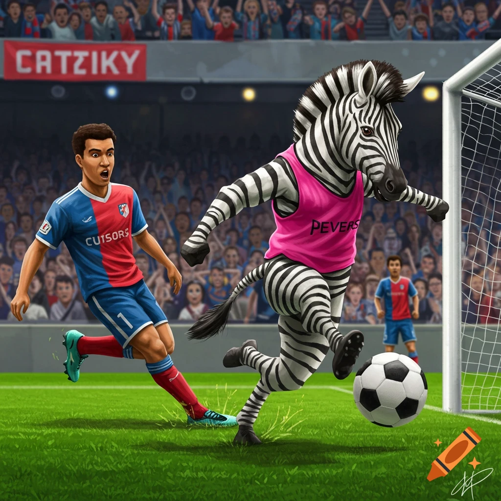 Zebra scores a goal in soccer on Craiyon