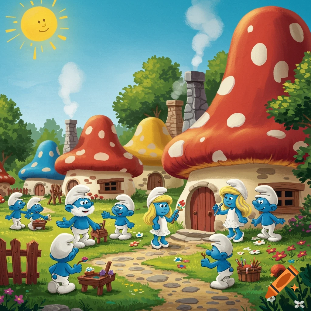 Smurfs playing in their mushroom village with a smiling sun. on Craiyon