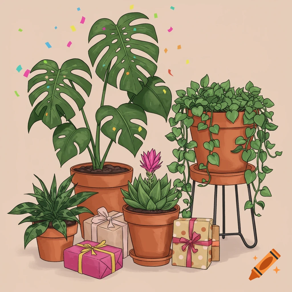 Houseplants gathered for a birthday celebration, adding unique charm to ...