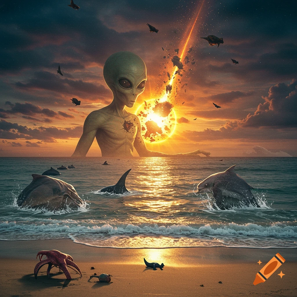 Beach with a gigantic alien in the sand, collapsing sun, and ocean ...