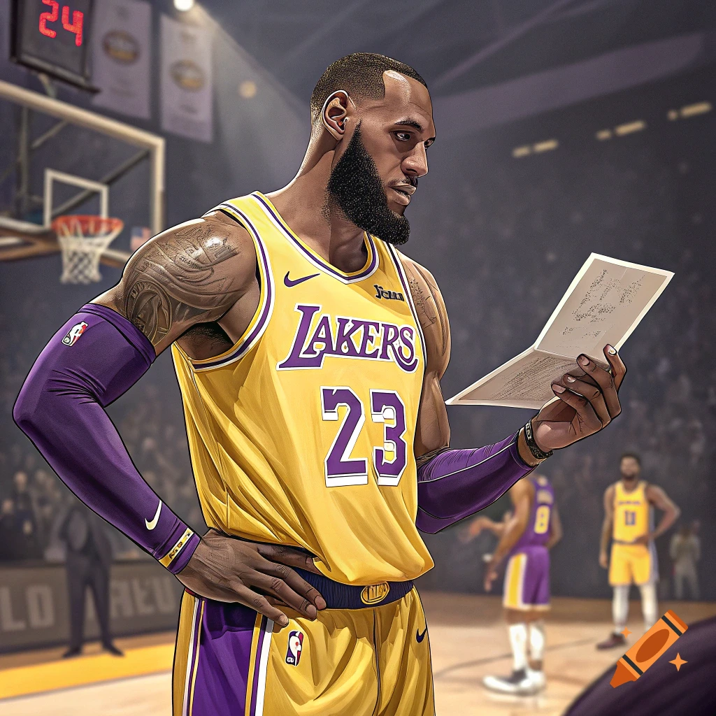 LeBron James in Lakers jersey with paper on Craiyon