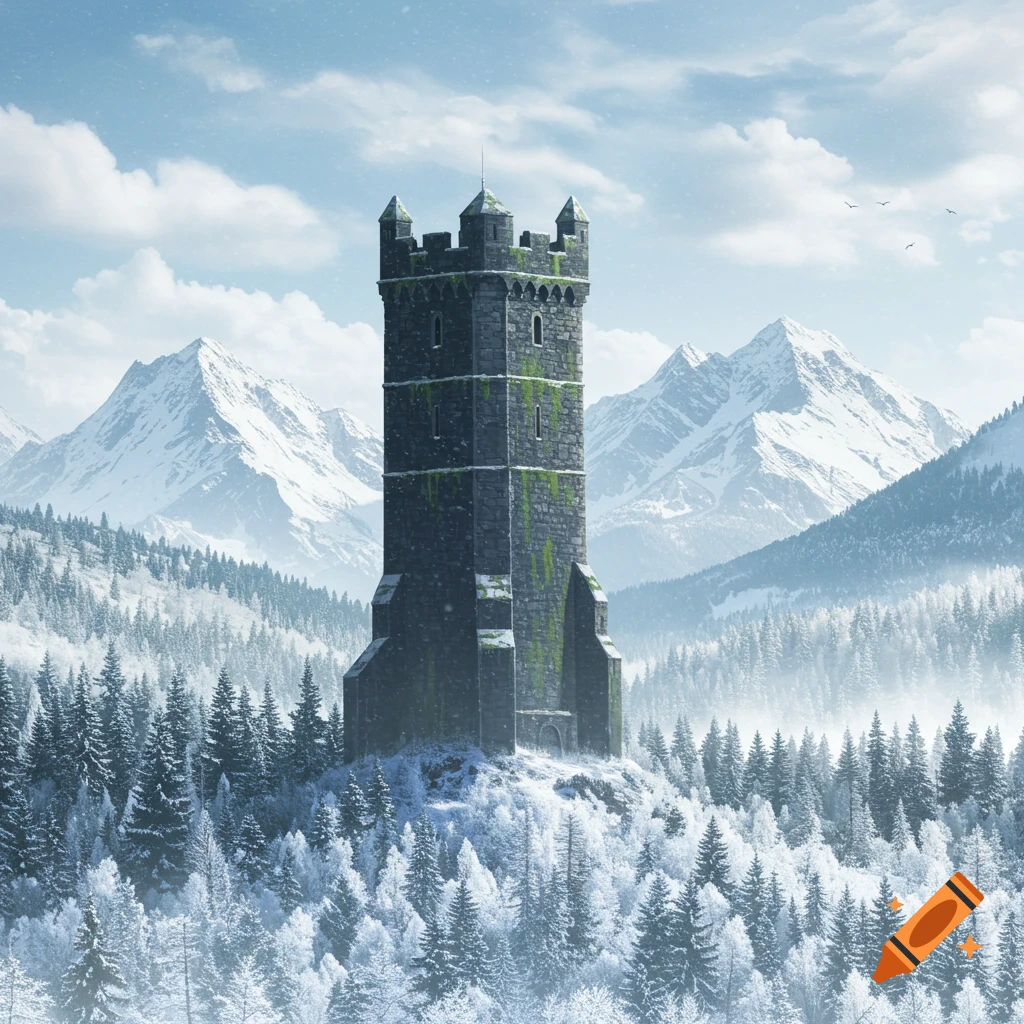 Castle tower in winter forest with snow-capped mountains in the ...