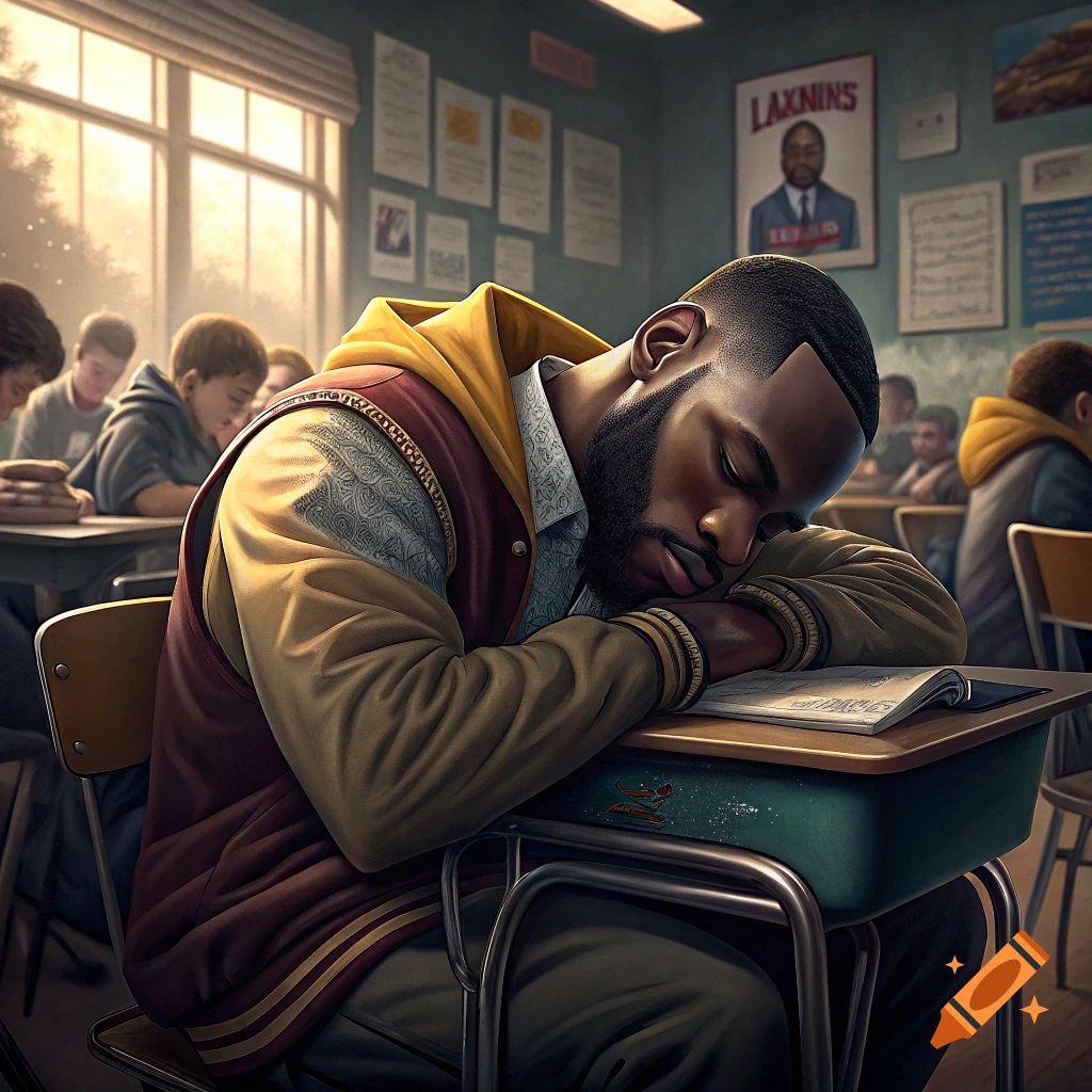 A student sleeps face down on their desk in a classroom filled with other students. on Craiyon