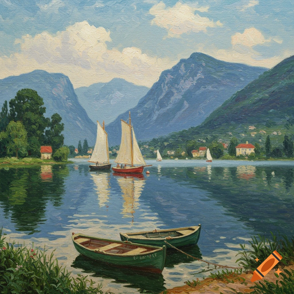 Monet-style painting of mountains, lake, and boats on Craiyon