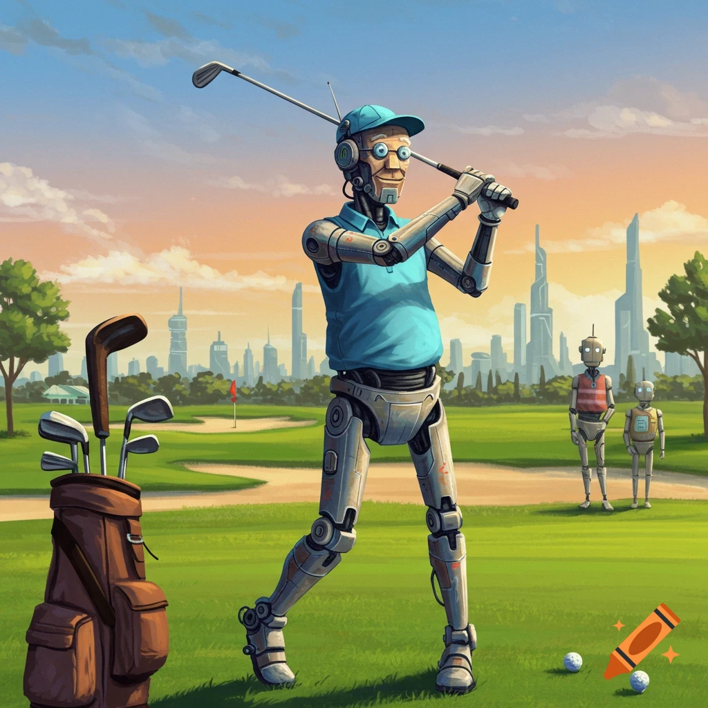 Robot playing golf after retirement on Craiyon