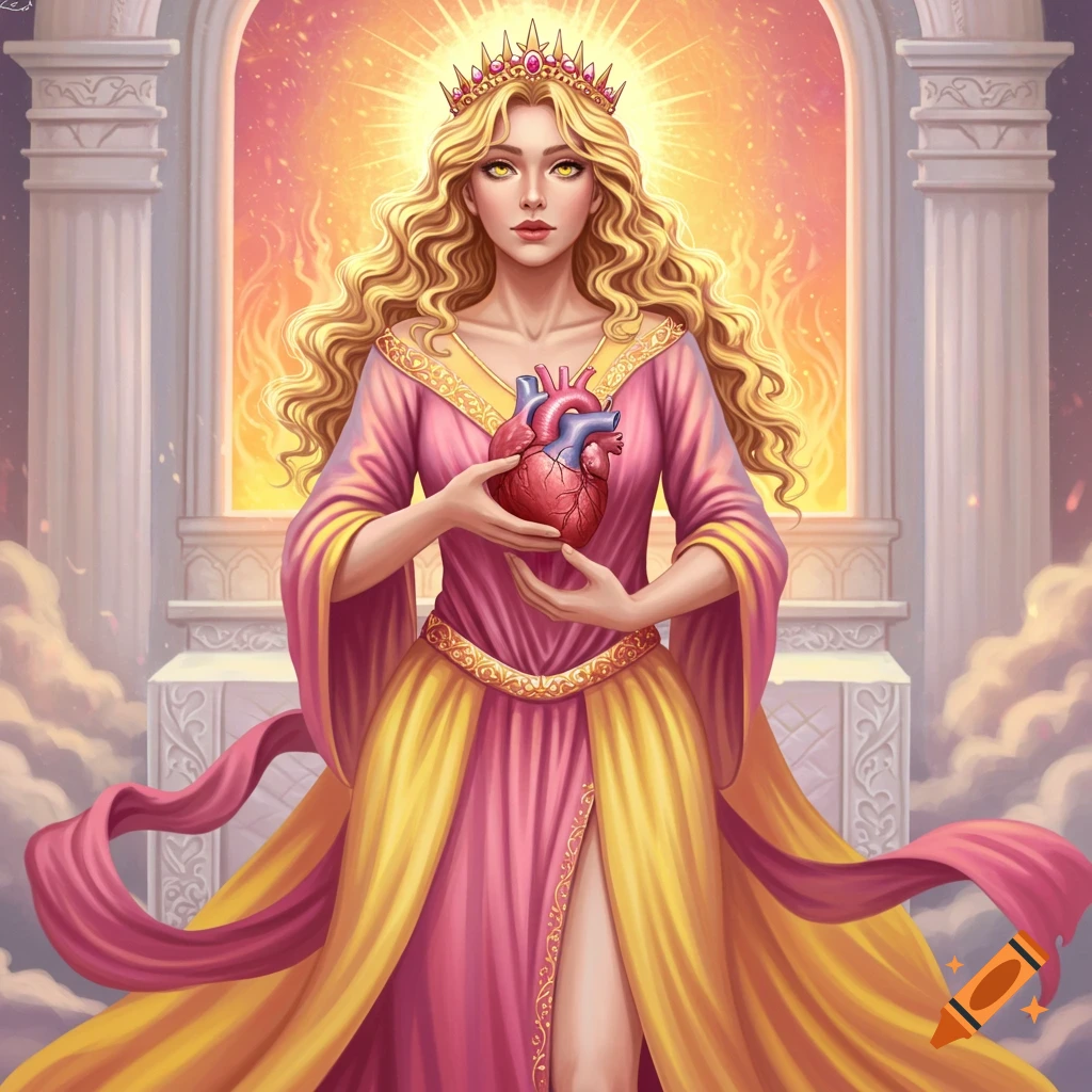 Elegant woman with yellow eyes and crown holding a heart in a flowing ...