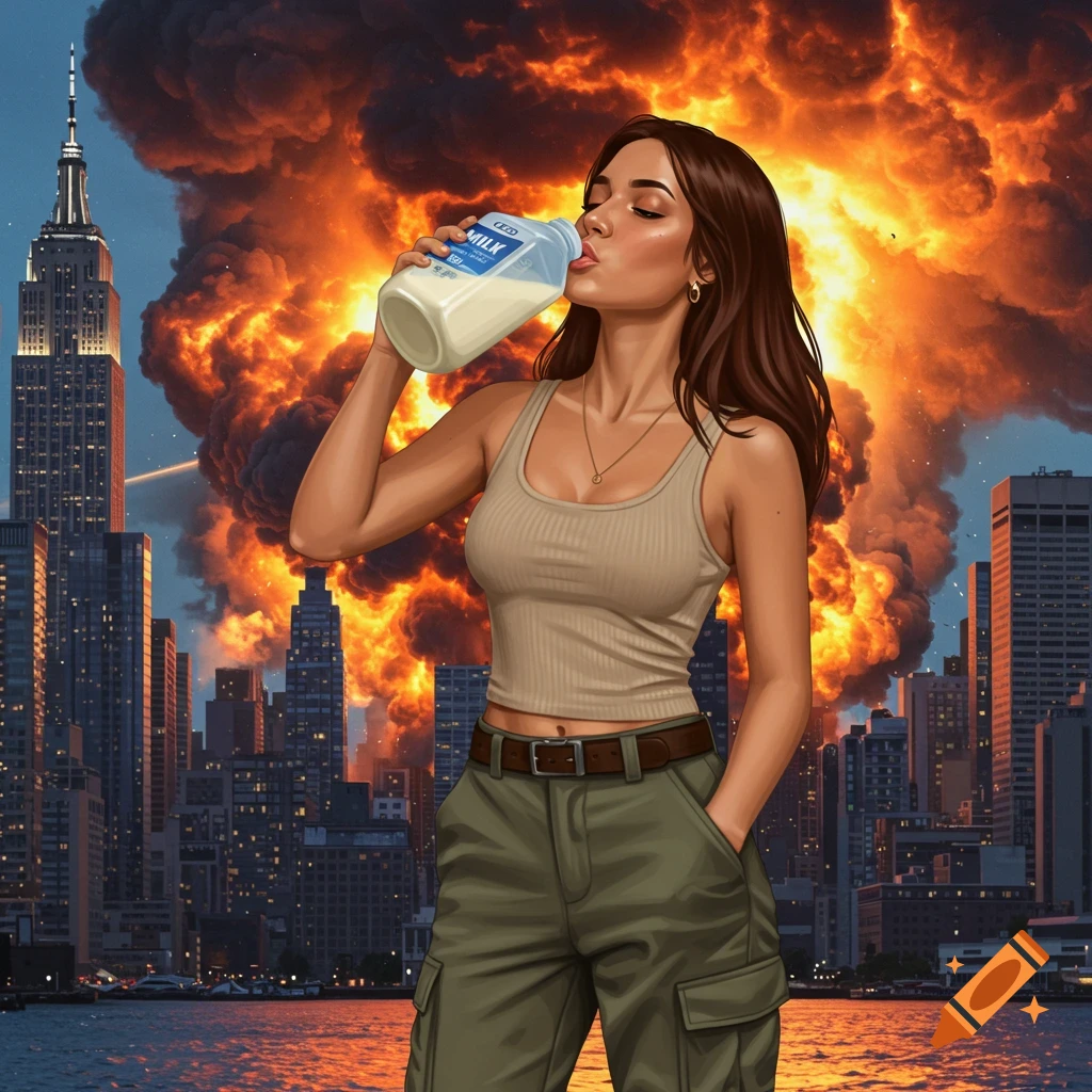 Girl chugging milk with New York exploding in background on Craiyon