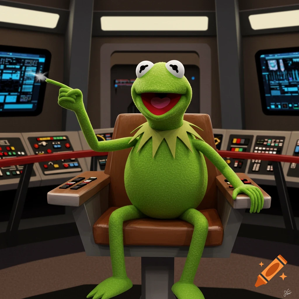 Kermit the Frog as Star Trek Captain shouting Engage on Craiyon