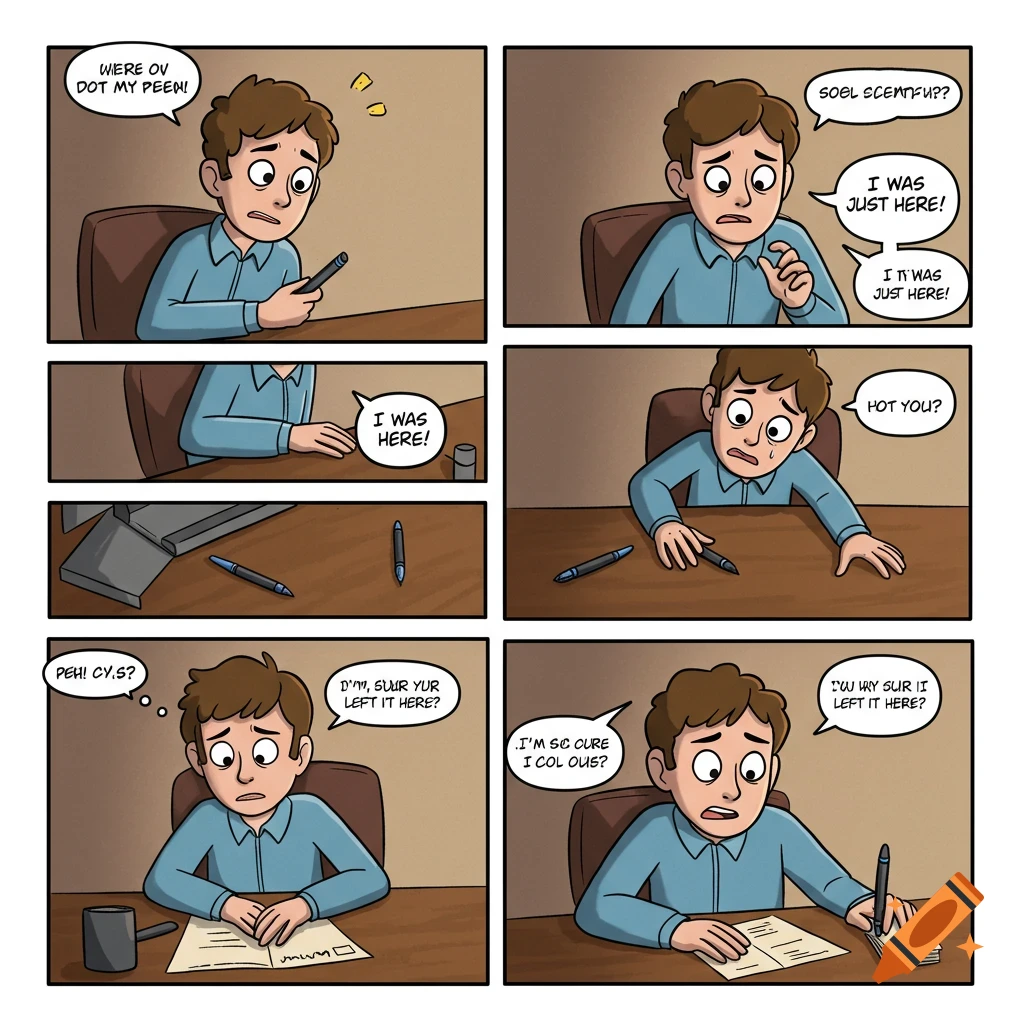 Comic strip panel about a lost pen on Craiyon