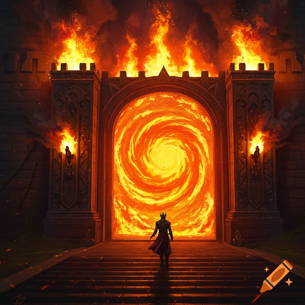 Figure on steps before a fiery portal gateway in a dark castle. on Craiyon