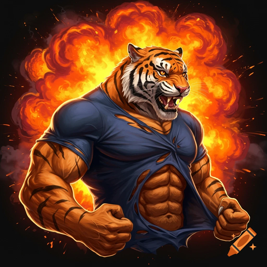 Muscular tiger ripping open blue shirt with an explosion behind it. on ...