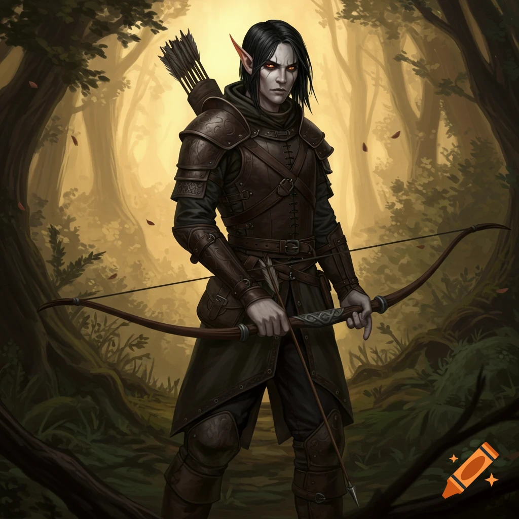 Pale-skinned, black-haired half-elf ranger with bow in leather armor on Craiyon