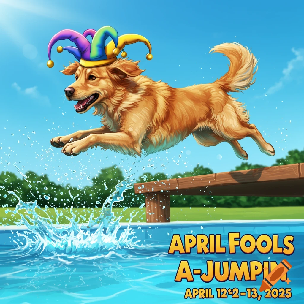 Dog wearing jester hat jumping into a pool with "April Fools" text on ...