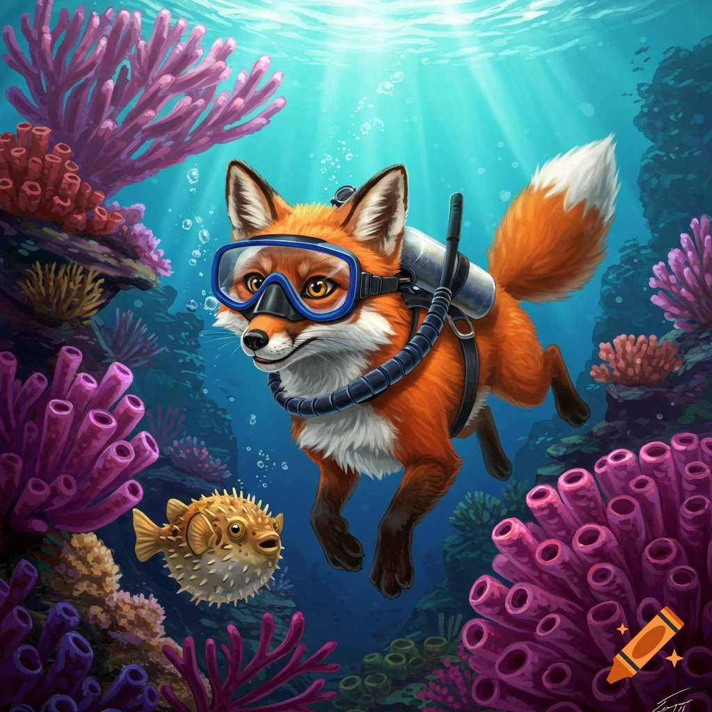Fox wearing scuba mask underwater with pufferfish and coral on Craiyon