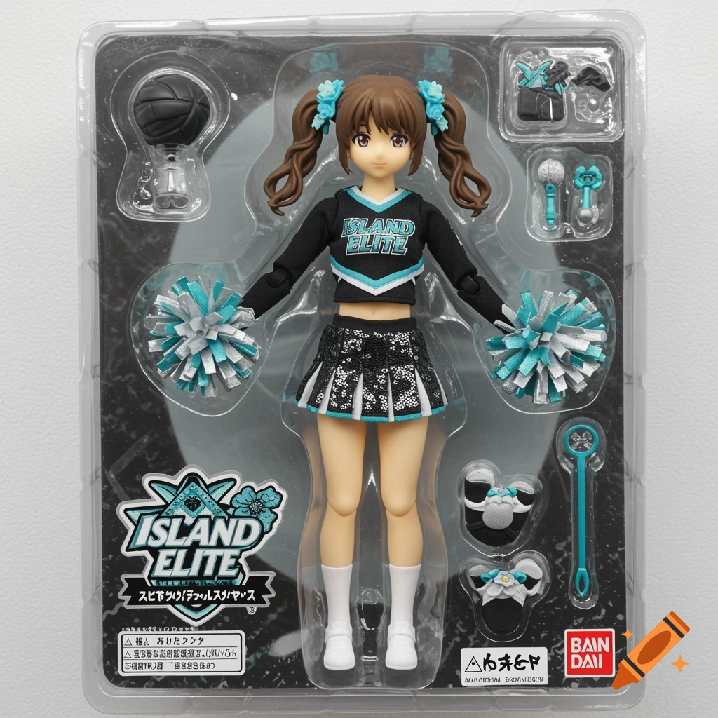 Action figure of a cheerleader in packaging with accessories. on Craiyon