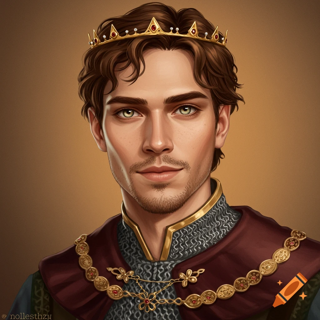 Digital painting of a young prince with a gold crown and blue royal ...