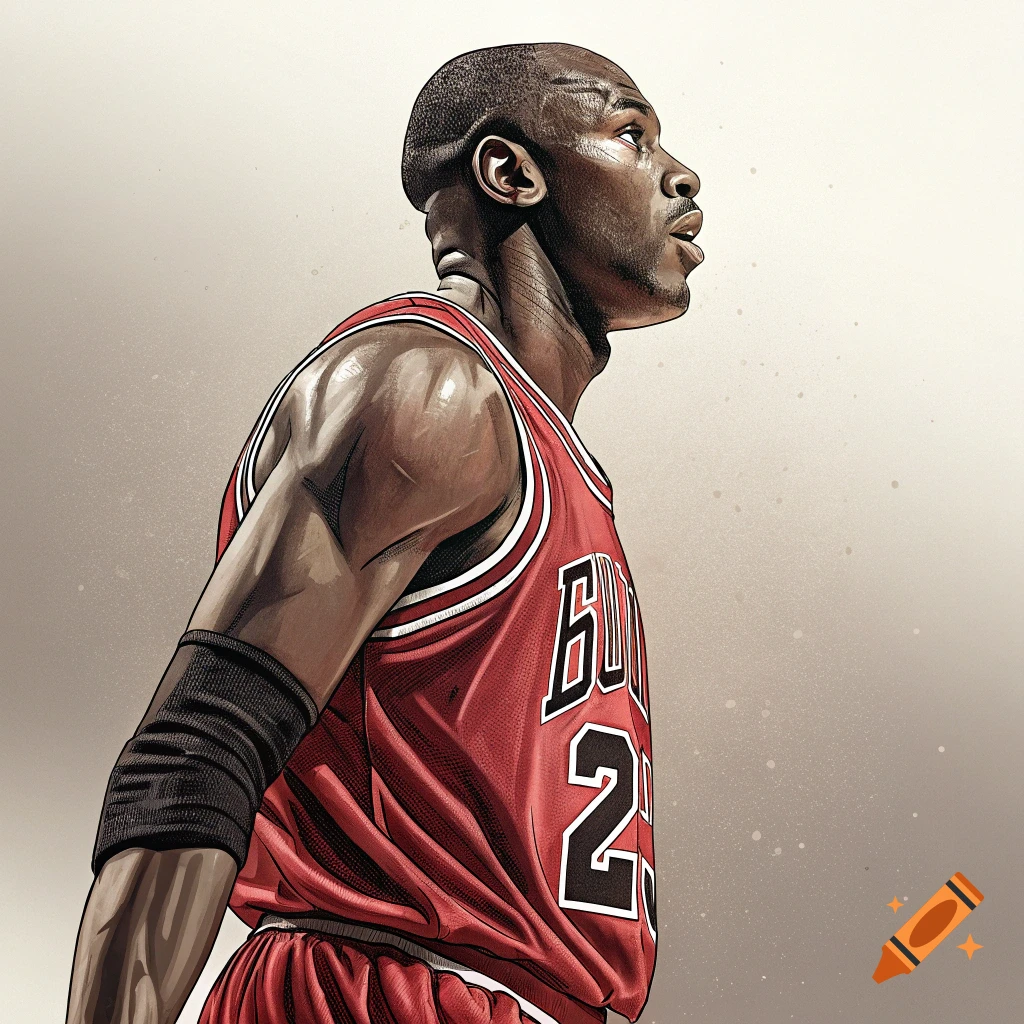 Stylized illustration of Michael Jordan in a Bulls jersey looking ...