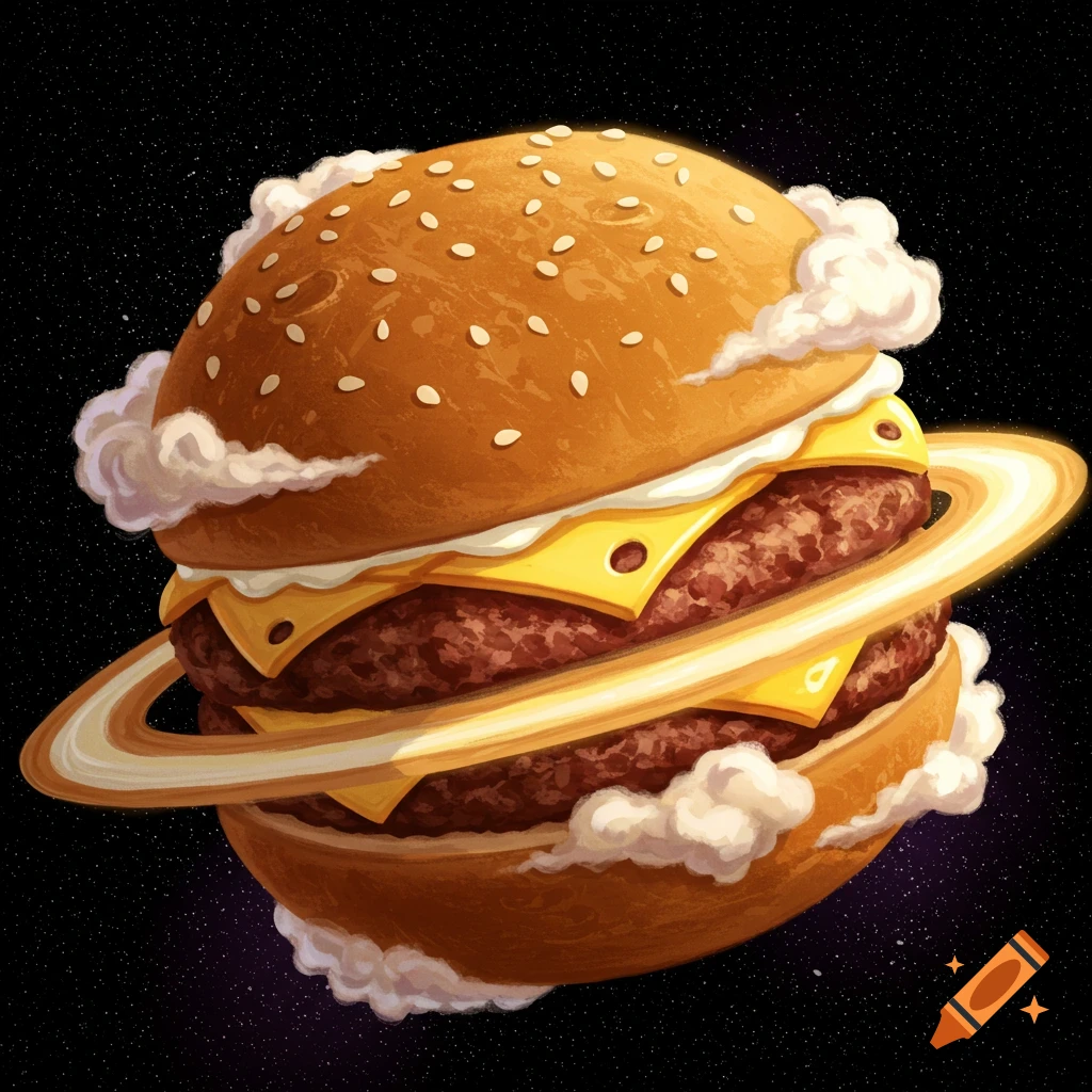 Planet that looks like a hamburger, isolated on black background, 3D ...
