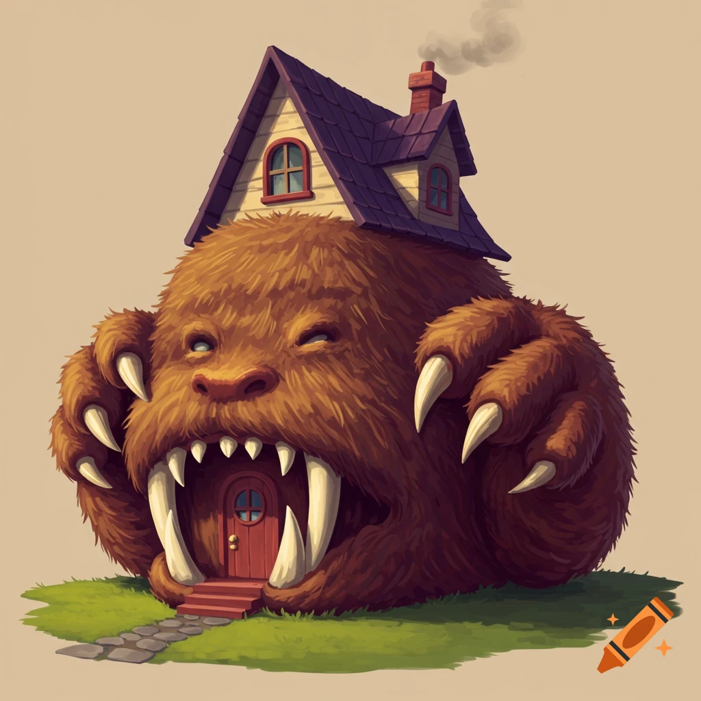 A detailed fantasy illustration of a house with a large monster mouth ...