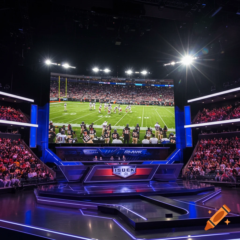 Sports studio with large LED screen showing a football game on Craiyon