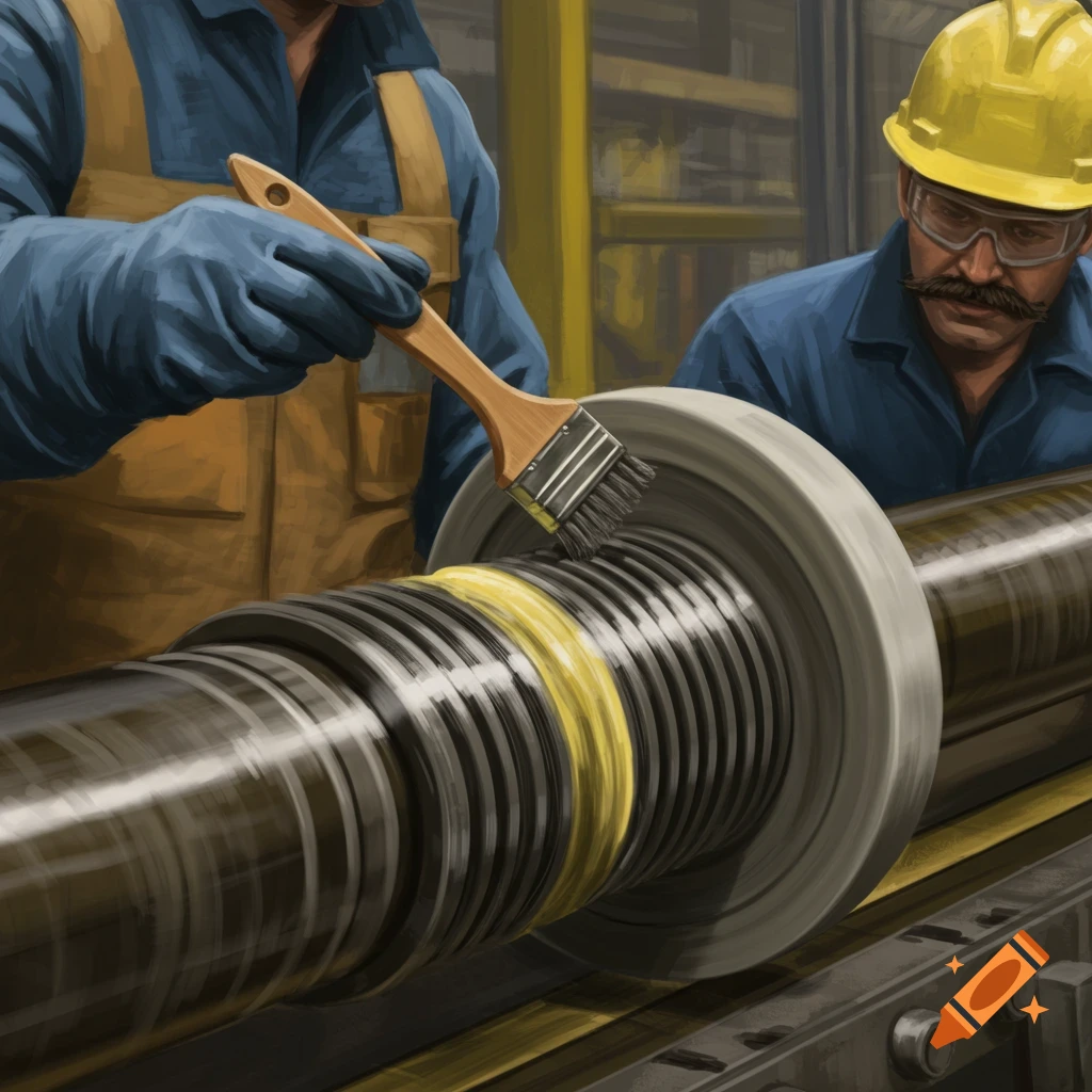 Steel worker applying dope to spinning casing pipe threads. on Craiyon