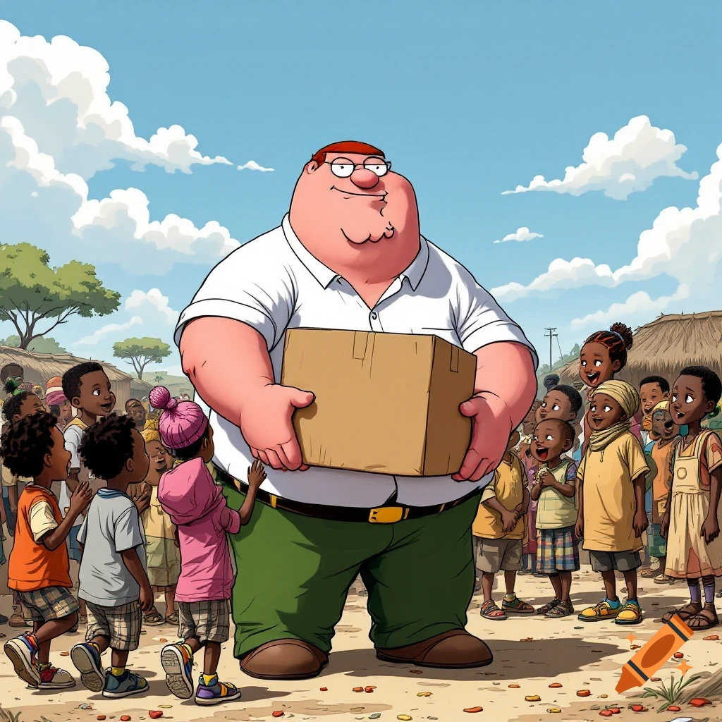 Cartoon Peter Griffin holds a box surrounded by children in a village ...