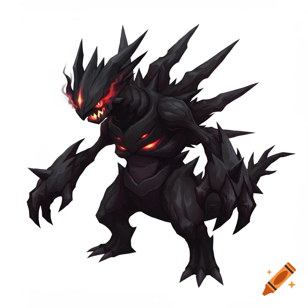 A dark, spiky monster with red eyes and mouth, resembling a pokemon, on ...
