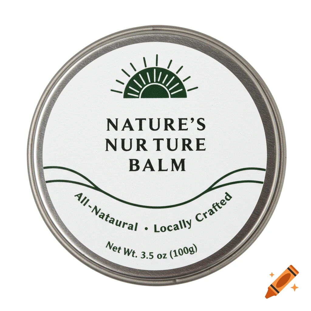 Nature's Nurture Balm label with leaf and sun logo on Craiyon