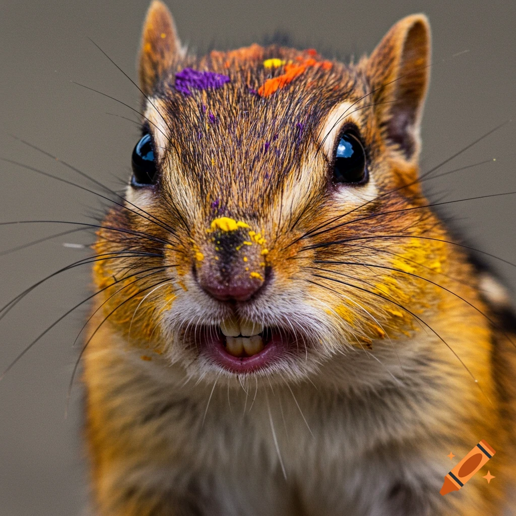 Extreme close-up of a chipmunk face with colorful powder on its fur on ...