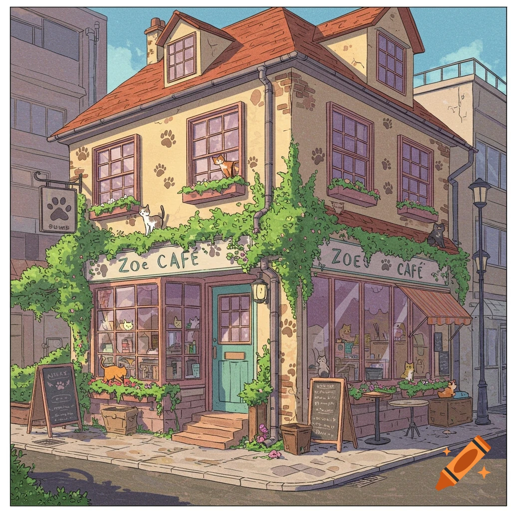 Cozy cottage cafe with cats, greenery, and 'Zoe's Cafe' sign in the ...