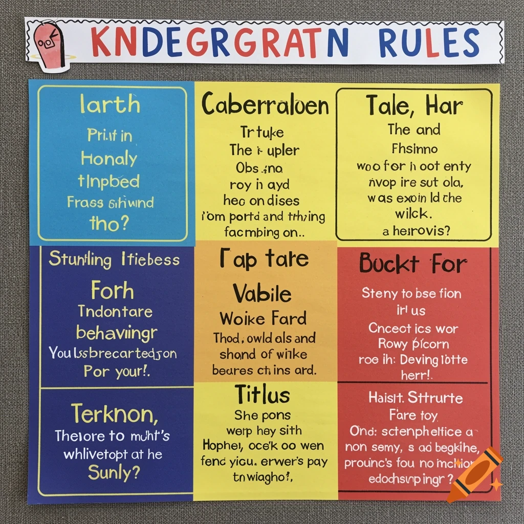Colorful poster for Kindergarten classroom rules on Craiyon