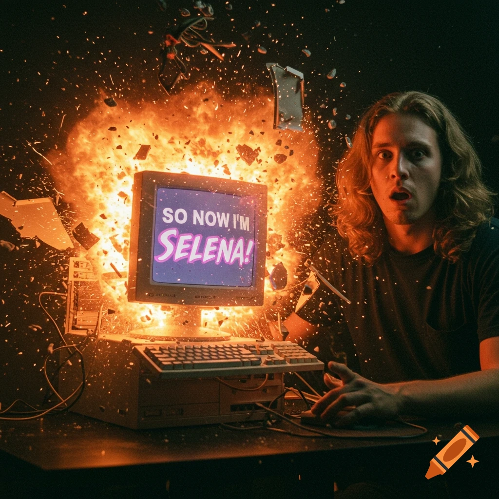 Man with long hair and exploding computer with text 'so now I'm Selena ...