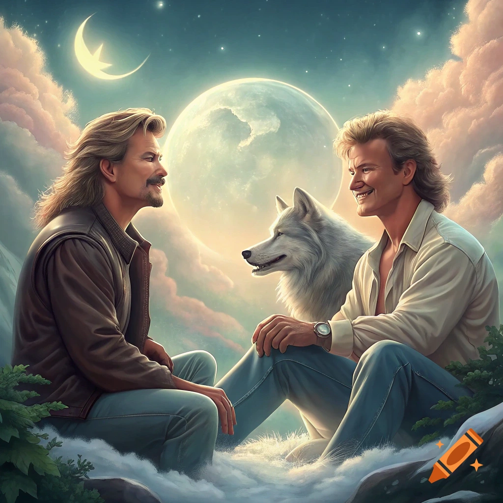 Two men and a wolf sit on a rock under a huge moon in a fantasy ...