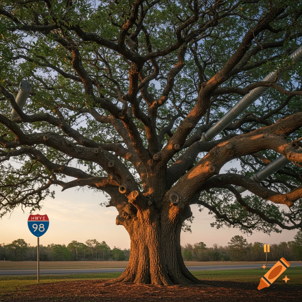 Digital illustration of a Live Oak tree near Highway 98 with modern ...