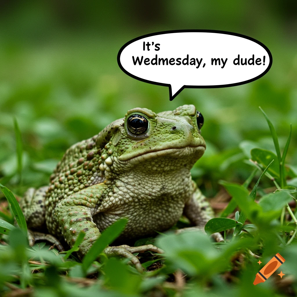 Green toad saying it's wednesday my dude on Craiyon