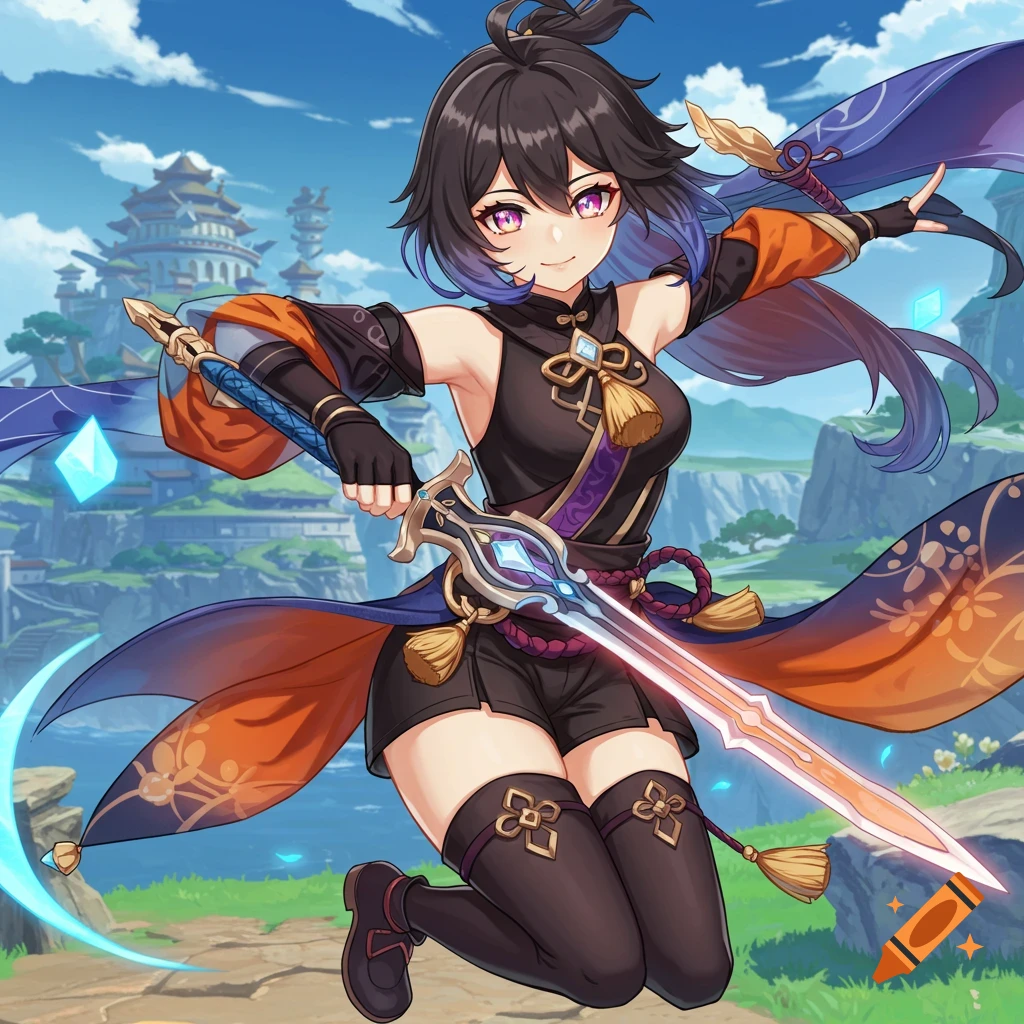 Genshin Impact character in Inazuman and Monstadt fashion with sword on ...