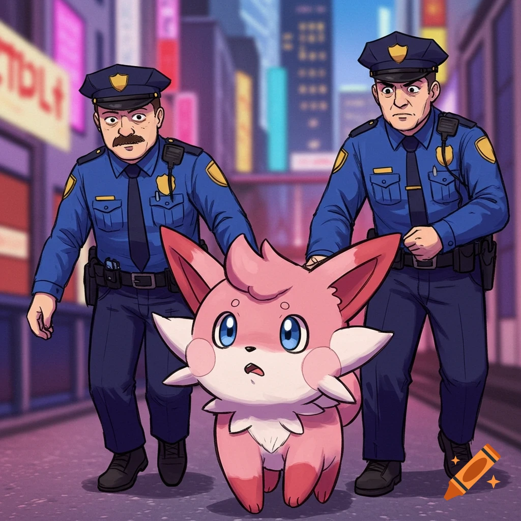 Two police officers escort a pink cartoon creature down a city street ...