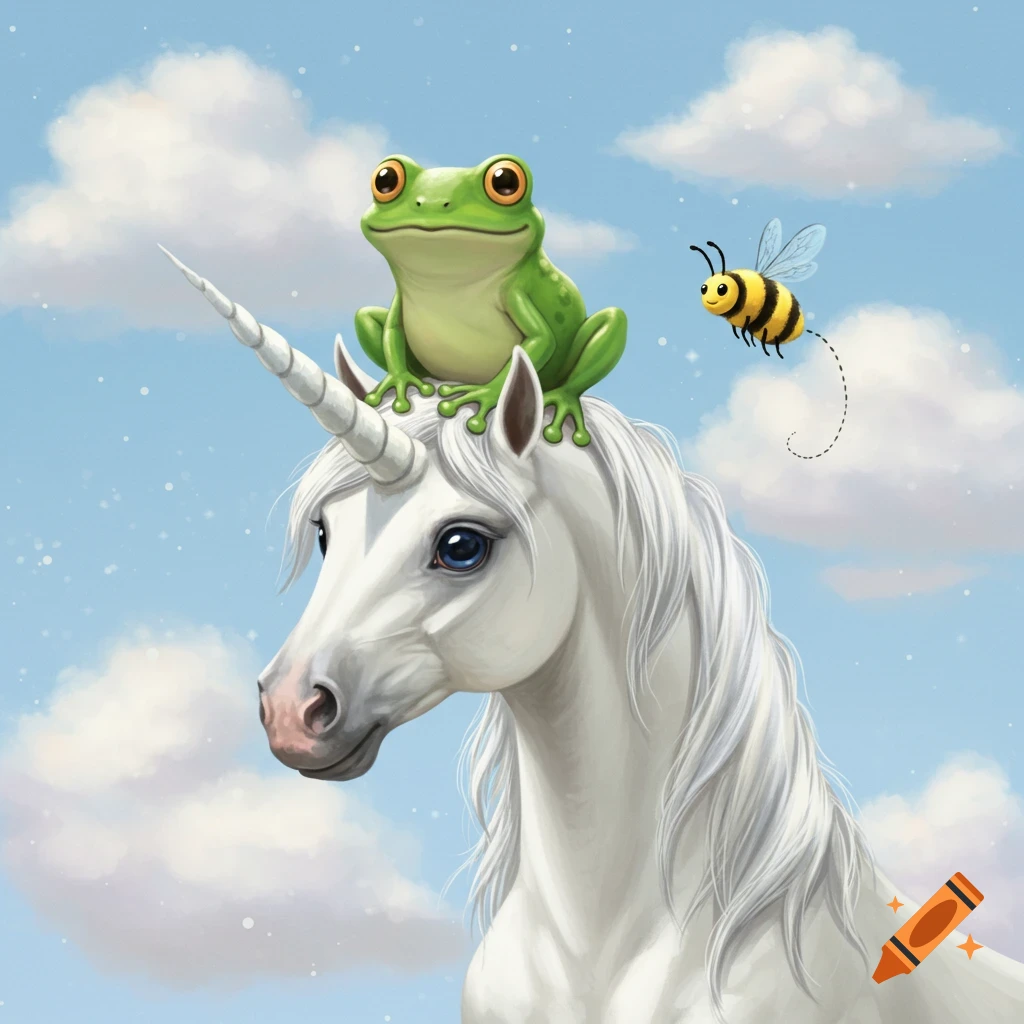 Frog sitting on a unicorn with a bee on Craiyon