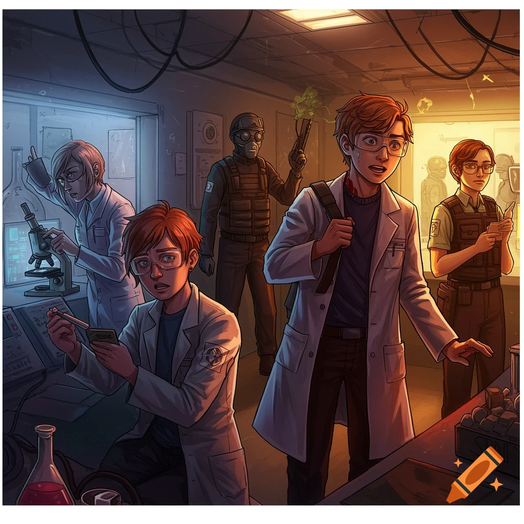 Anime style illustration of people in a lab setting, some scientists ...