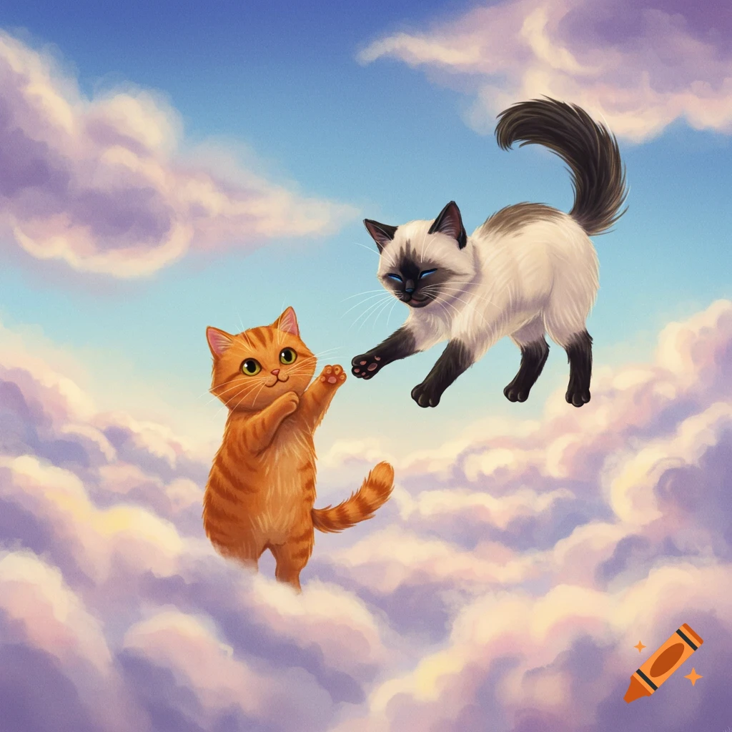 Orange cat and Siamese cat playing on clouds in heaven on Craiyon