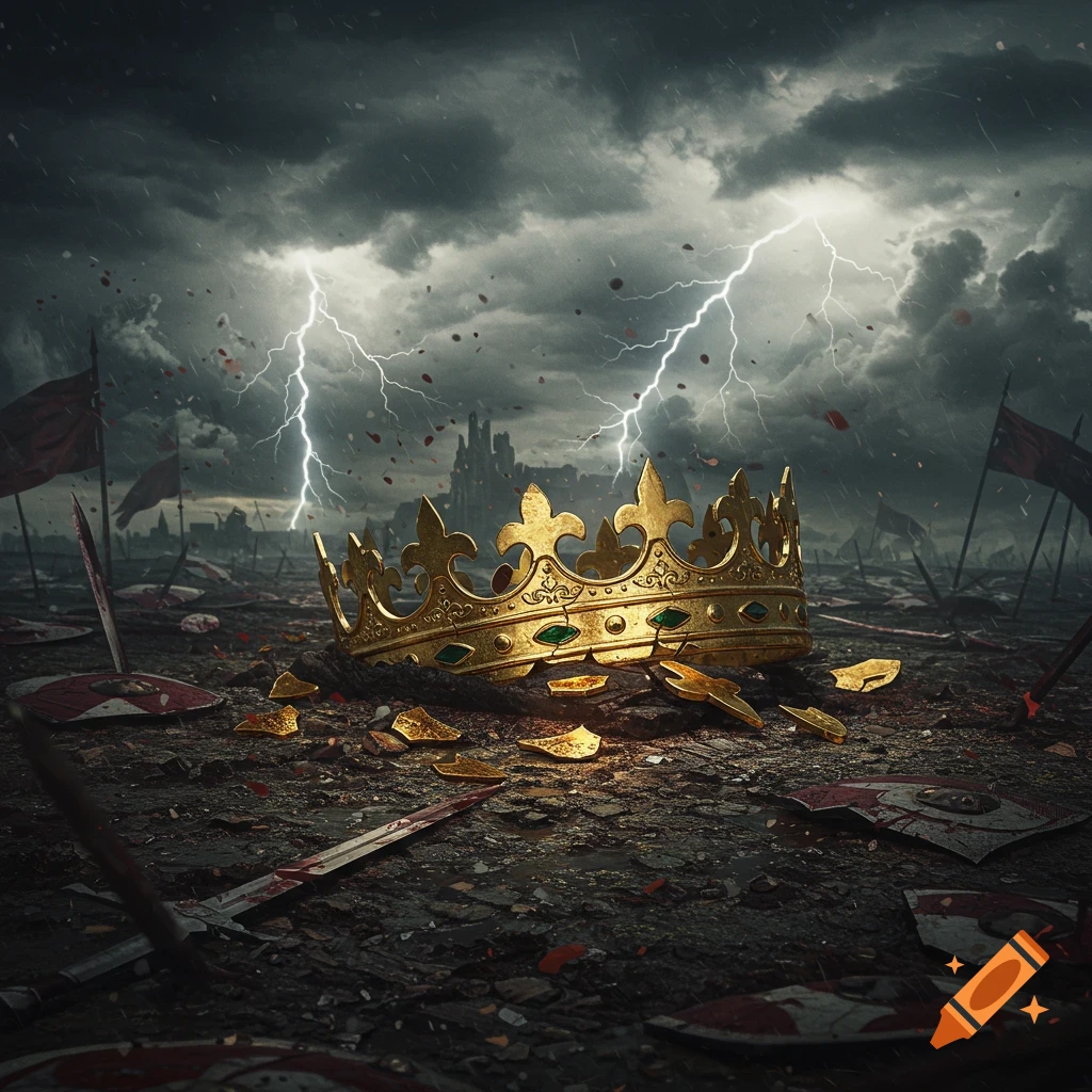 Cracked crown on dark, stormy battlefield on Craiyon