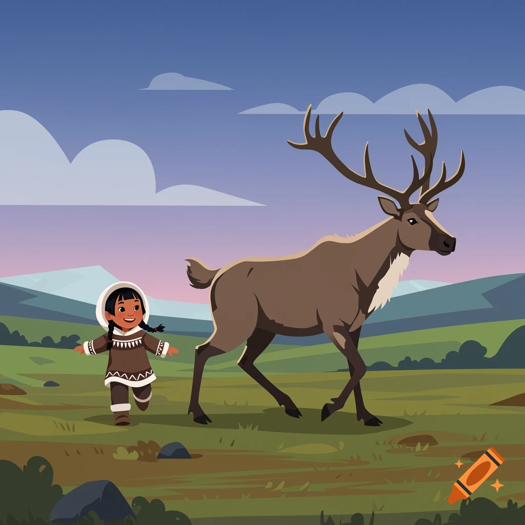 Young Inuit running with a wapiti in a tundra landscape on Craiyon