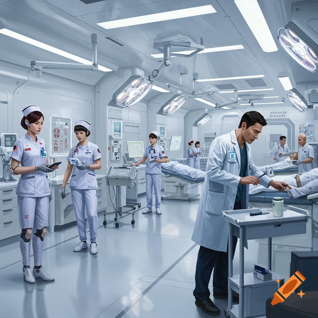 Futuristic hospital with AI nurses and doctor on Craiyon