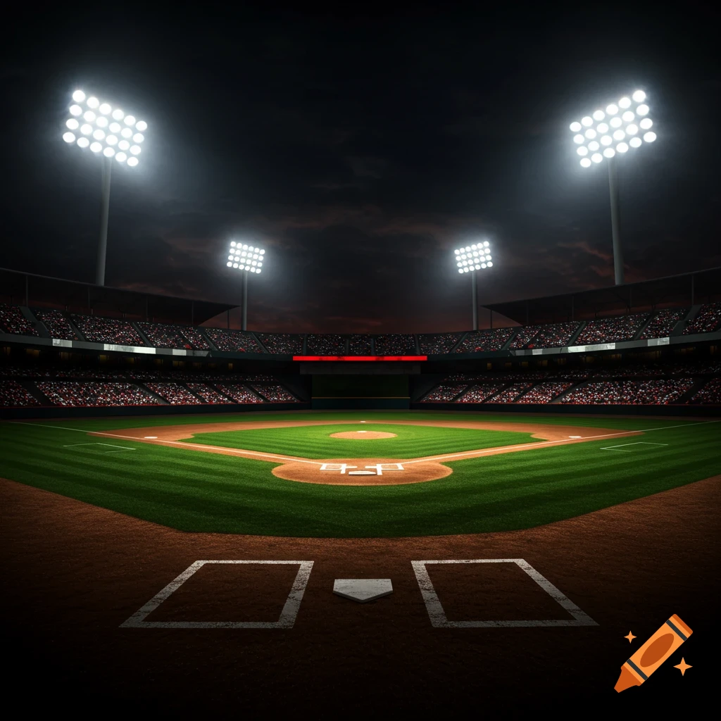Nighttime baseball stadium banner with illuminated field and space for ...