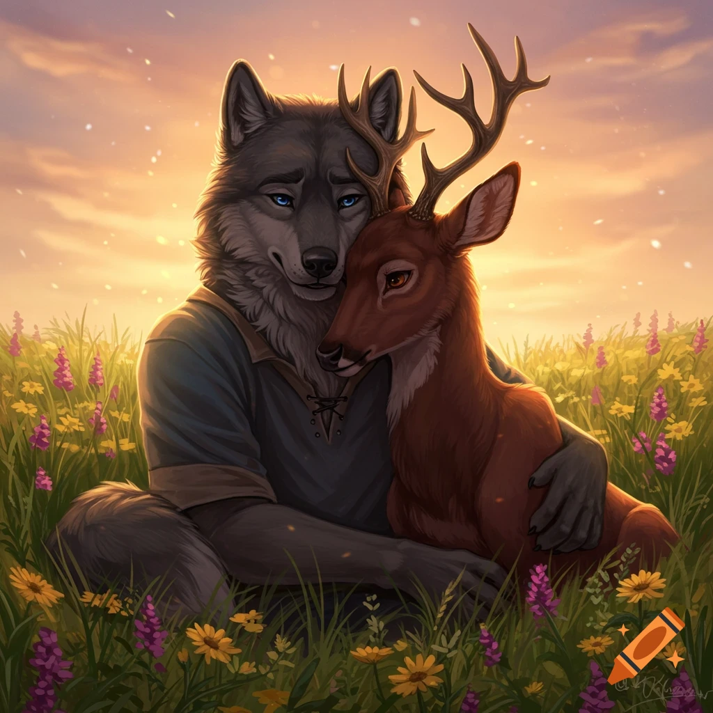 Anthro male wolf cuddling with anthro female deer on Craiyon