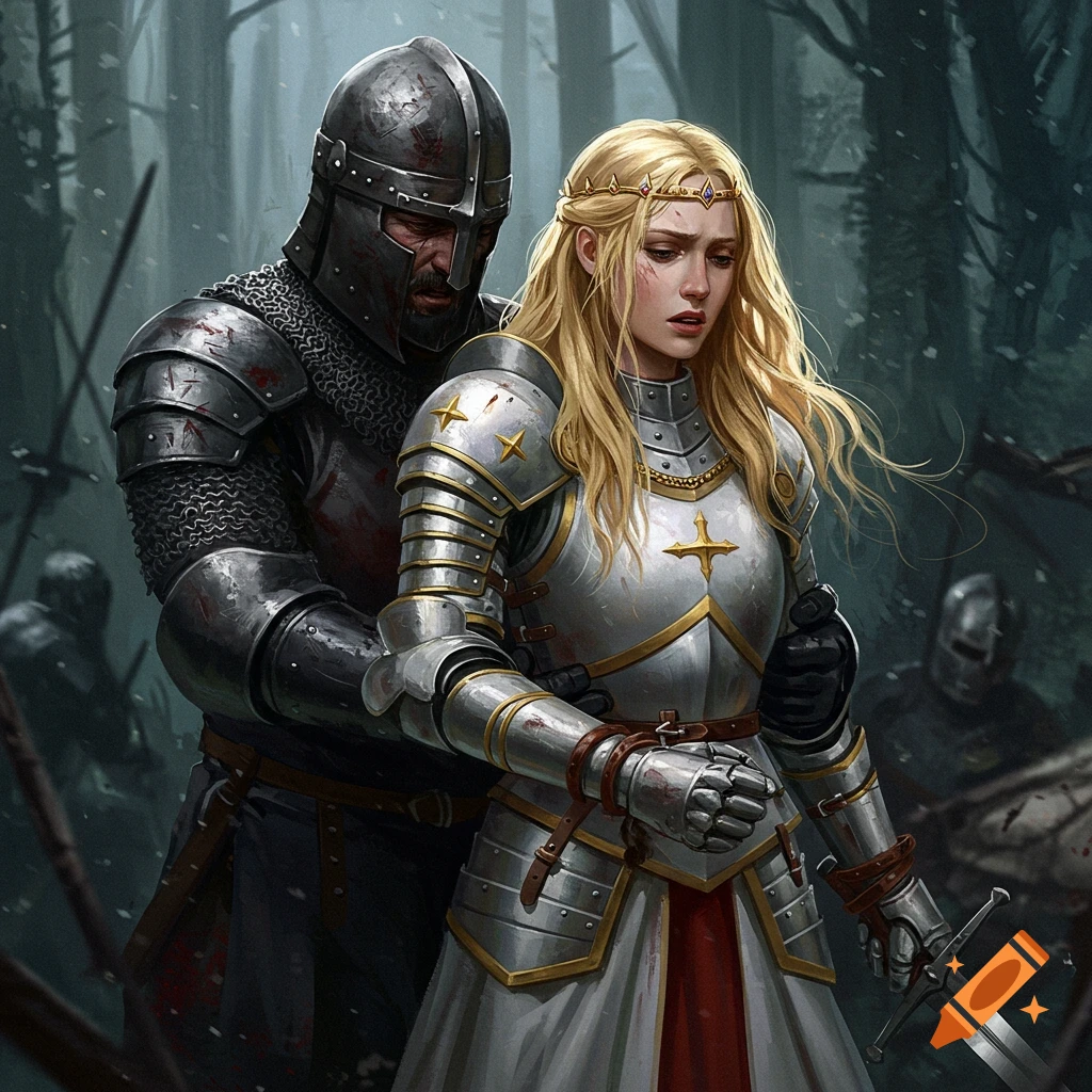 Medieval warrior princess in white and gold armor captured by enemy ...