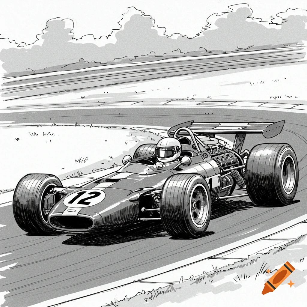 Black and white drawing of vintage formula 1 race car on Craiyon