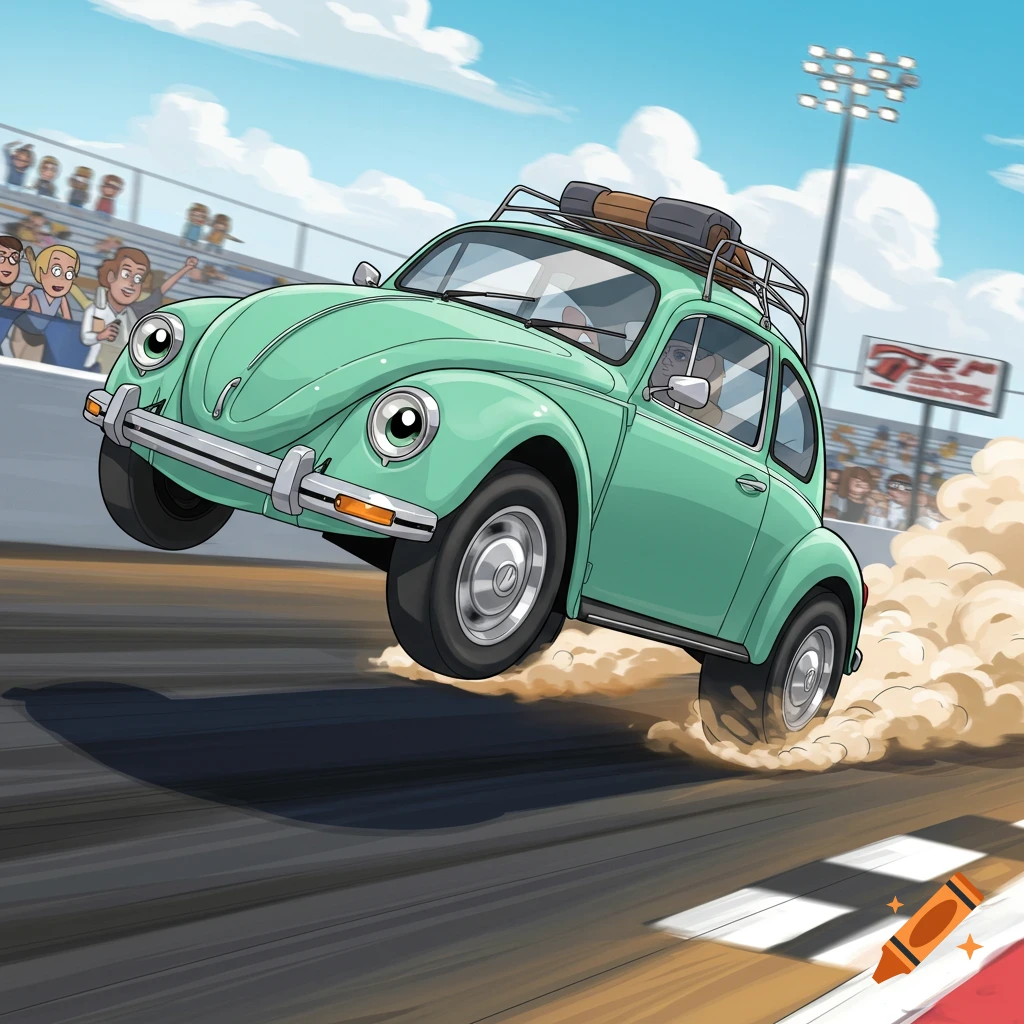 Cartoon mint green 1962 Volkswagen Beetle doing a wheelie on a dragstrip on Craiyon