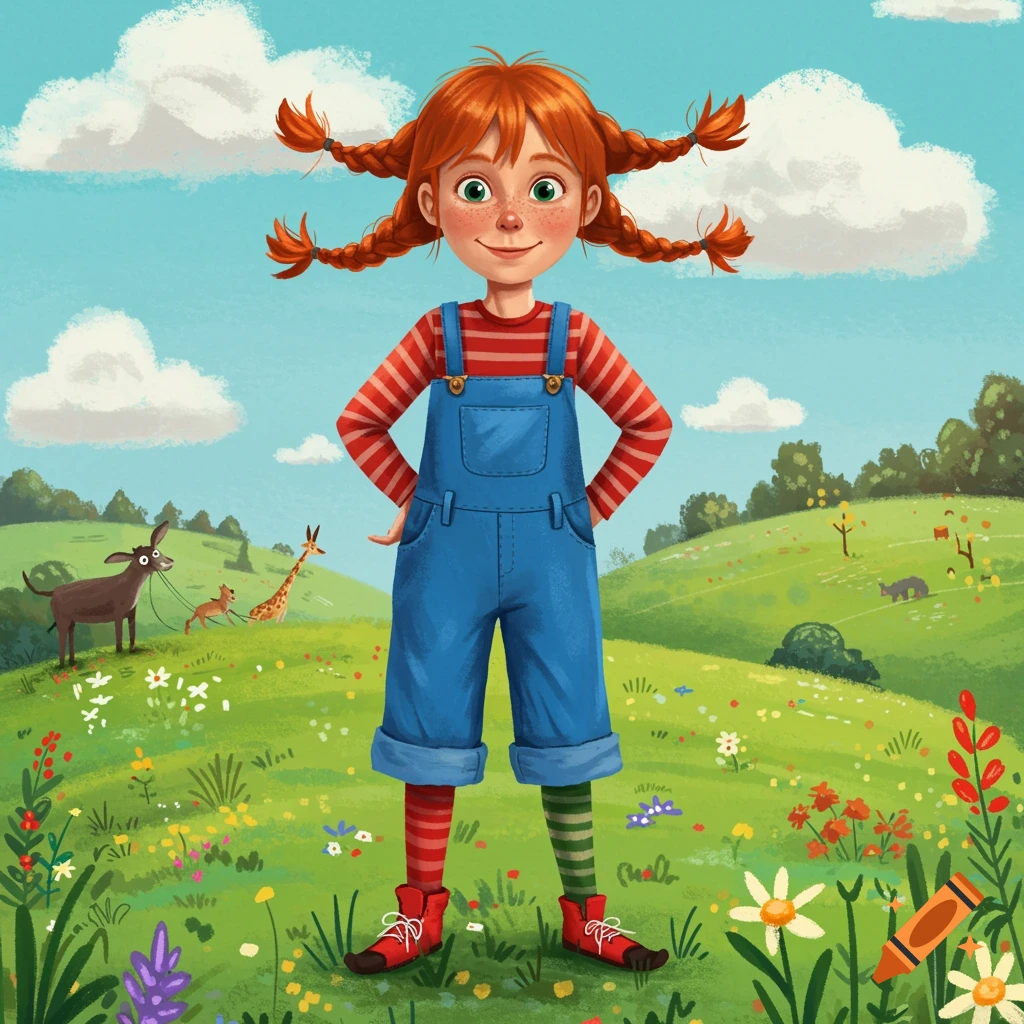 Girl with red braids and overalls in a sunny grassy field illustration ...