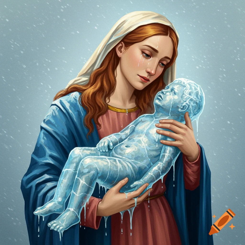 Mother Mary nurturing melting frozen child digital painting on Craiyon
